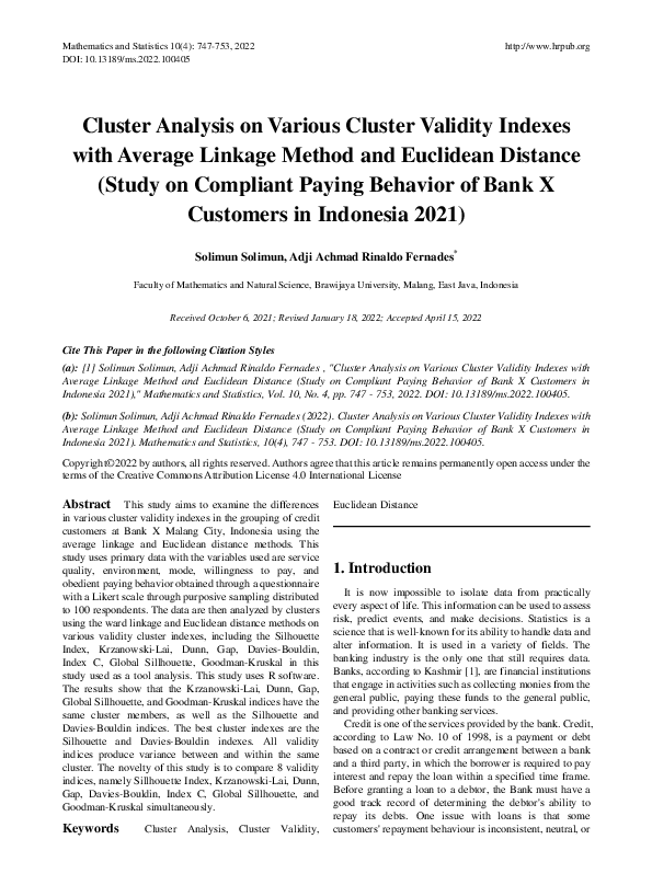 Pdf Cluster Analysis On Various Cluster Validity Indexes With Average Linkage Method And