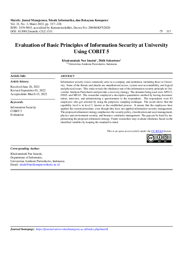 Pdf Evaluation Of Basic Principles Of Information Security At University Using Cobit 5