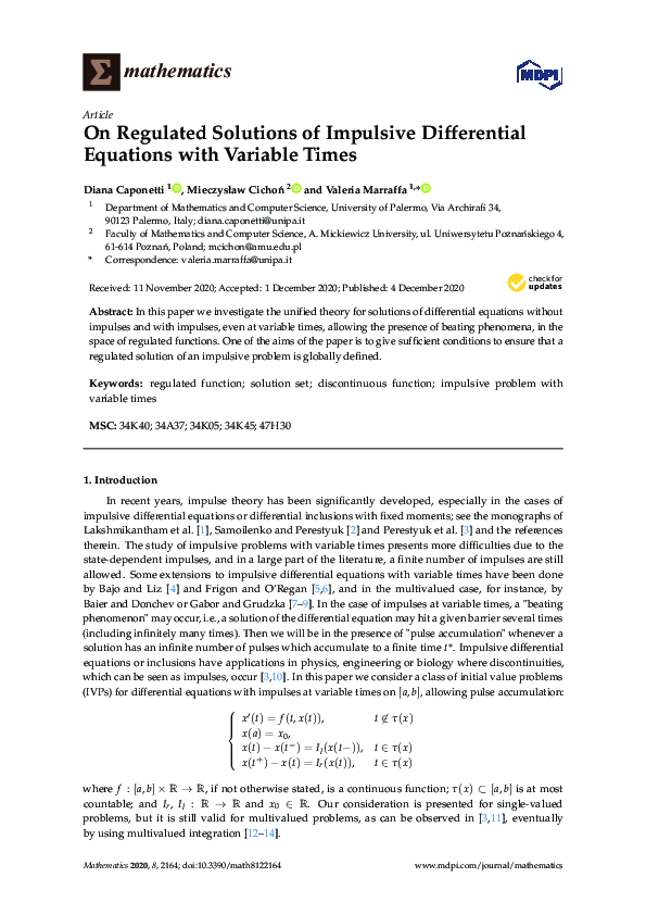 (PDF) On Regulated Solutions of Impulsive Differential Equations with Variable Times