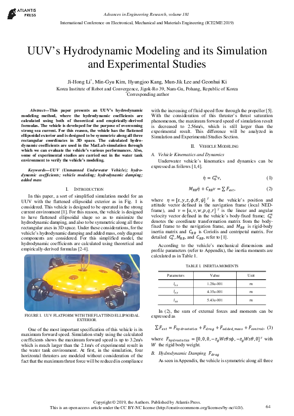 (PDF) UUV's Hydrodynamic Modeling and its Simulation and Experimental Studies