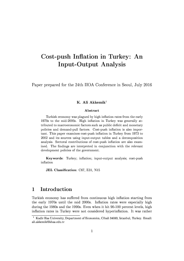 (PDF) Cost-push In ation in Turkey : An Input-Output Analysis Paper prepared for the 24 th IIOA ...