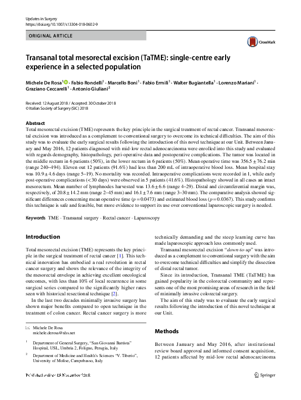 (PDF) Transanal total mesorectal excision (TaTME): single-centre early ...