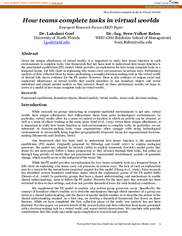 (PDF) How do teams complete tasks in virtual worlds? Toward an ...