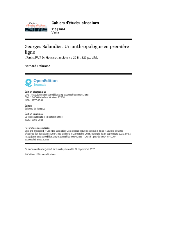 (PDF) Georges Balandier. Un anthropologue en première ligne