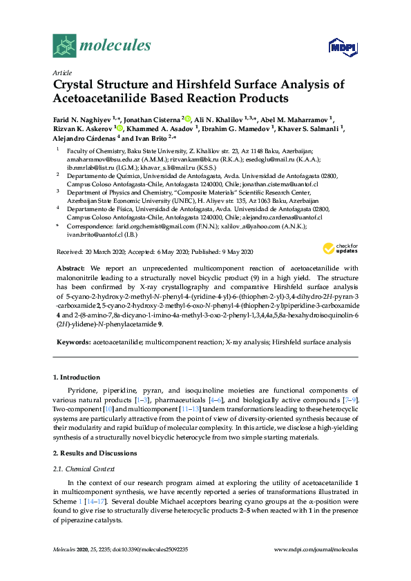 (PDF) Crystal Structure and Hirshfeld Surface Analysis of Acetoacetanilide Based Reaction Products