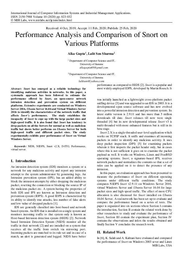 (PDF) Performance Analysis and Comparison of Snort on Various Platforms