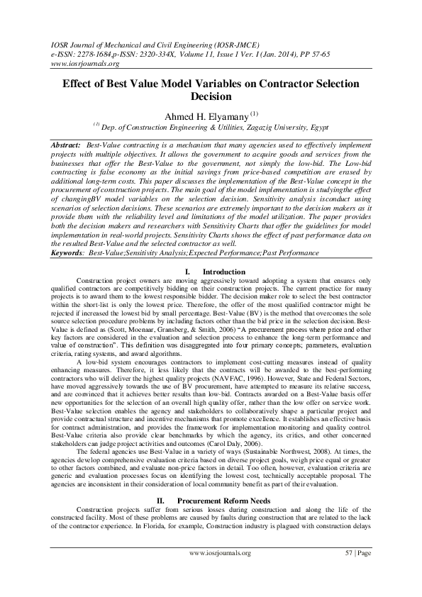(PDF) Effect of Best Value Model Variables on Contractor Selection Decision
