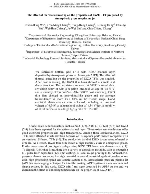 (PDF) The Effect of Thermal Annealing on the Properties of IGZO TFT ...