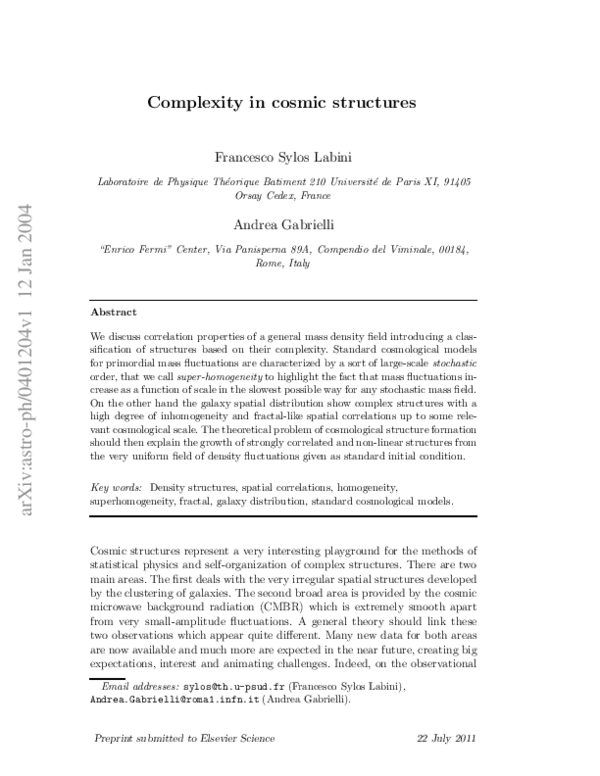 (PDF) Complexity in cosmic structures