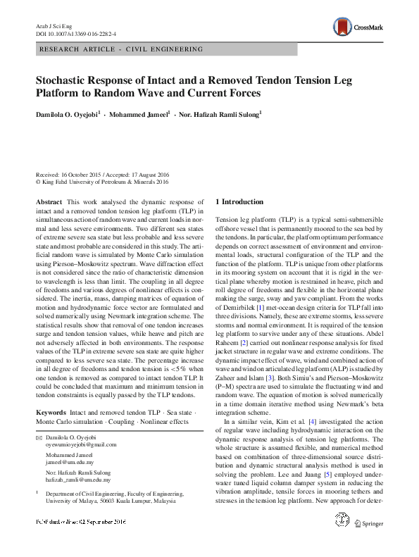 (PDF) Stochastic Response of Intact and a Removed Tendon Tension Leg ...
