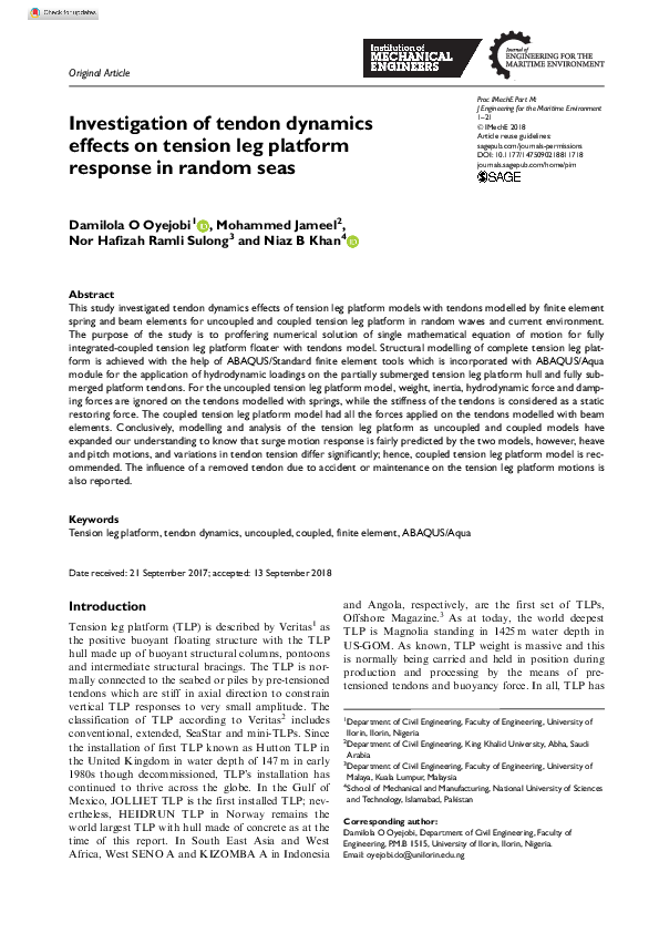 (PDF) Investigation of tendon dynamics effects on tension leg platform ...