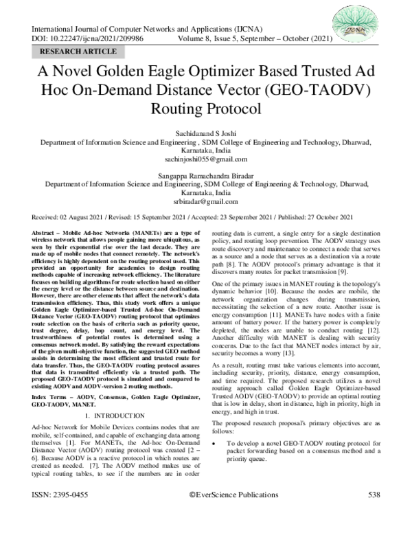 (PDF) A Novel Golden Eagle Optimizer Based Trusted Ad Hoc On-Demand Distance Vector (GEO-TAODV ...