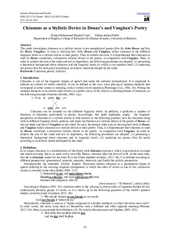 (PDF) Chiasmus as a Stylistic Device in Donne's and Vaughan's Poetry