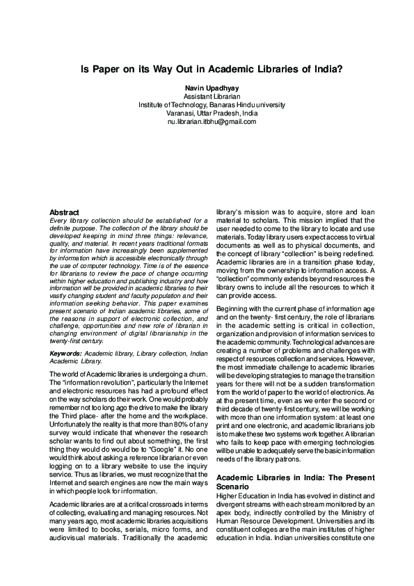 (PDF) Is Paper on its Way Out in Academic Libraries of India?