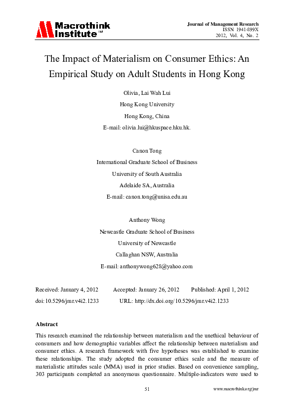 (PDF) The Impact of Materialism on Consumer Ethics: An Empirical Study ...