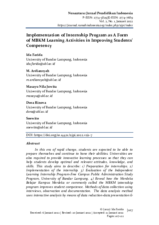 (PDF) Implementation of Internship Program as A Form of MBKM Learning ...