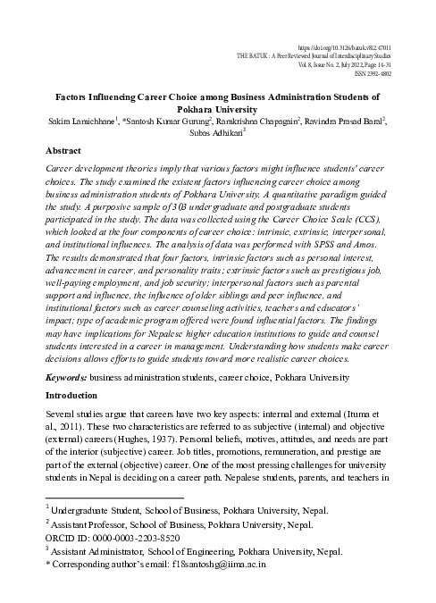 (PDF) Factors Influencing Career Choice among Business Administration ...