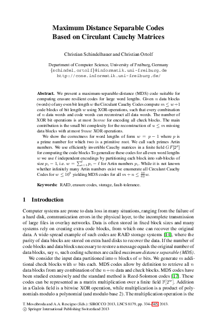 (PDF) Maximum Distance Separable Codes Based on Circulant Cauchy Matrices | Christian ...