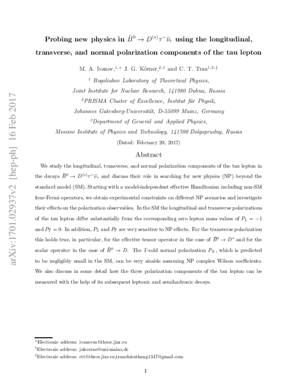 (PDF) Probing new physics in B¯0→D(*)τ−ν¯τ using the longitudinal ...