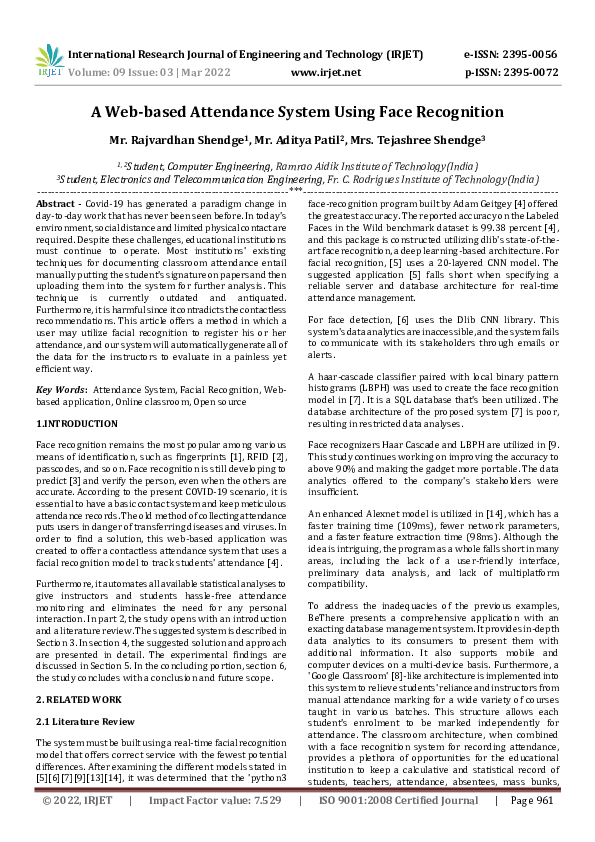 Pdf A Web Based Attendance System Using Face Recognition