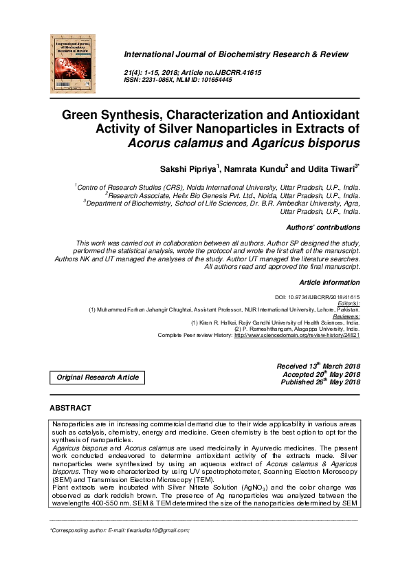 (PDF) Green Synthesis, Characterization and Antioxidant Activity of Silver Nanoparticles in ...