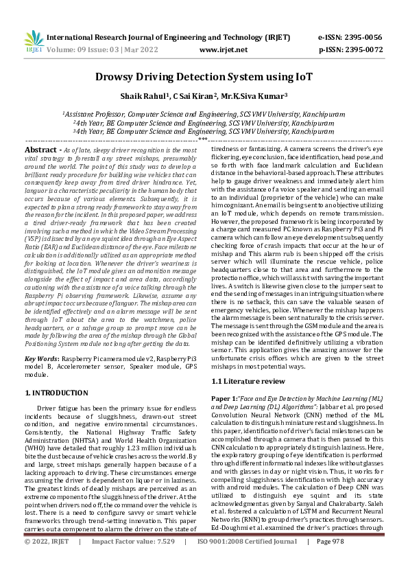 Pdf Drowsy Driving Detection System Using Iot