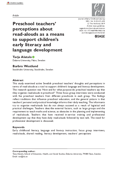 (PDF) Preschool teachers' perceptions about read-alouds as a means to ...