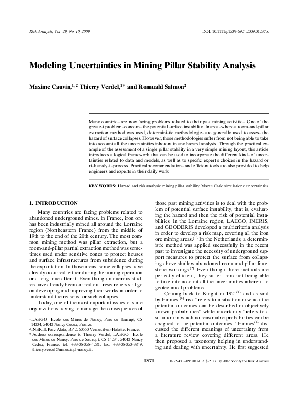 (PDF) Modeling Uncertainties in Mining Pillar Stability Analysis