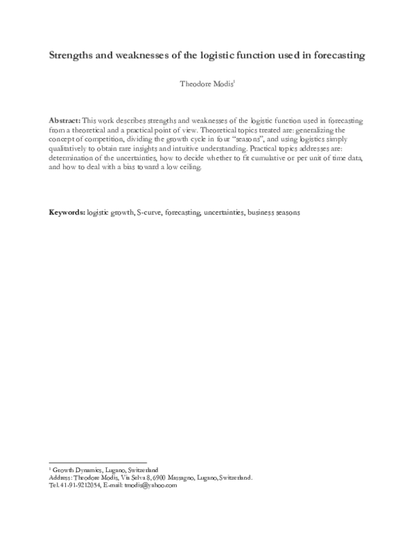 (PDF) Strengths and weaknesses of the logistic function used in forecasting
