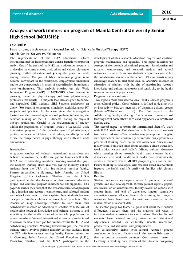 (PDF) Analysis of work immersion program of Manila Central University Senior High School (MCUSHS)