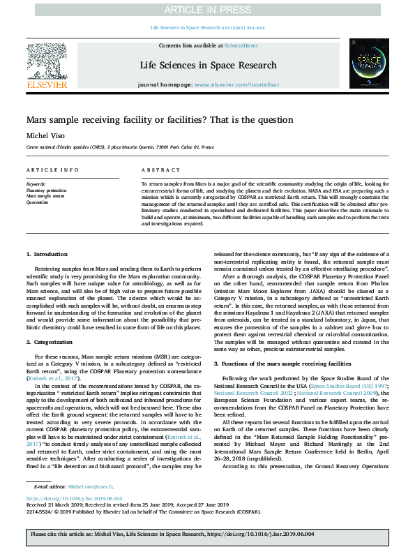 (PDF) Mars Sample Receiving Facility or Facilities? That is the Question