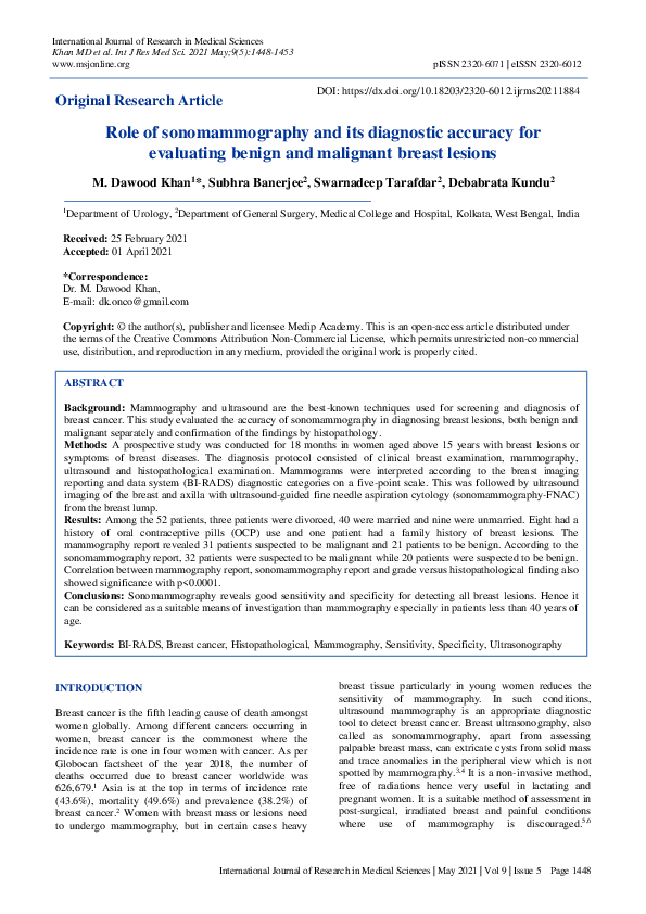 (PDF) Role of sonomammography and its diagnostic accuracy for ...