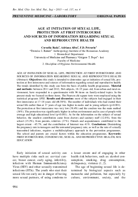 Pdf Age At Initiation Of Sexual Life Protection At First Intercourse