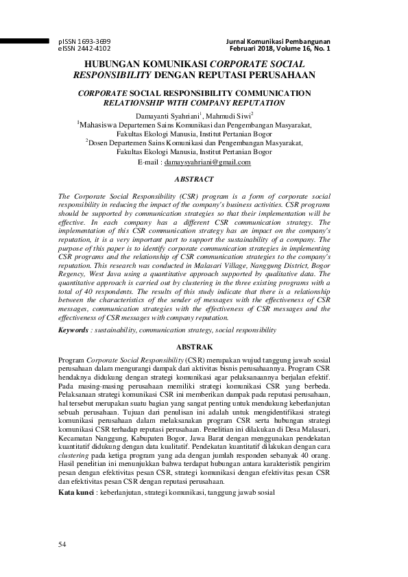 Pdf Hubungan Komunikasi Corporate Social Responsibility Dengan
