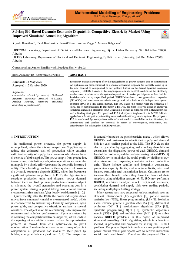 (PDF) Solving Bid-Based Dynamic Economic Dispatch in Competitive Electricity Market Using ...