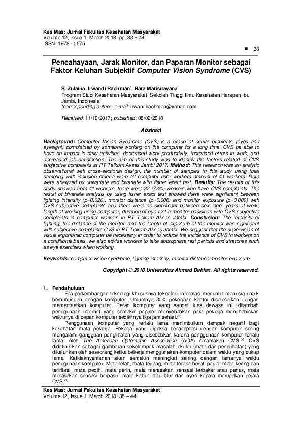 (PDF) Pencahayaan, Jarak Monitor, dan Paparan Monitor sebagai Faktor ...