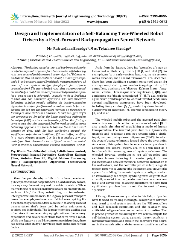 Pdf Design And Implementation Of A Self Balancing Two Wheeled Robot Driven By A Feed Forward