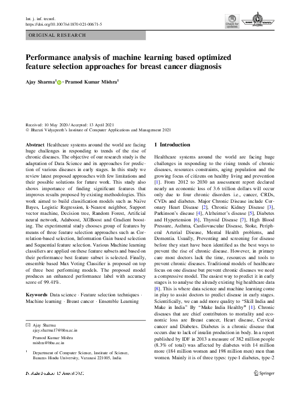 Pdf Performance Analysis Of Machine Learning Based Optimized Feature Selection Approaches For