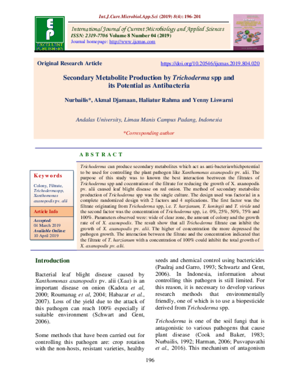 Pdf Secondary Metabolite Production By Trichoderma Spp And Its Potential As Antibacteria