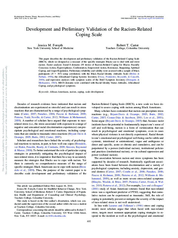(PDF) Development and preliminary validation of the Racism-Related Coping Scale | Jessica ...