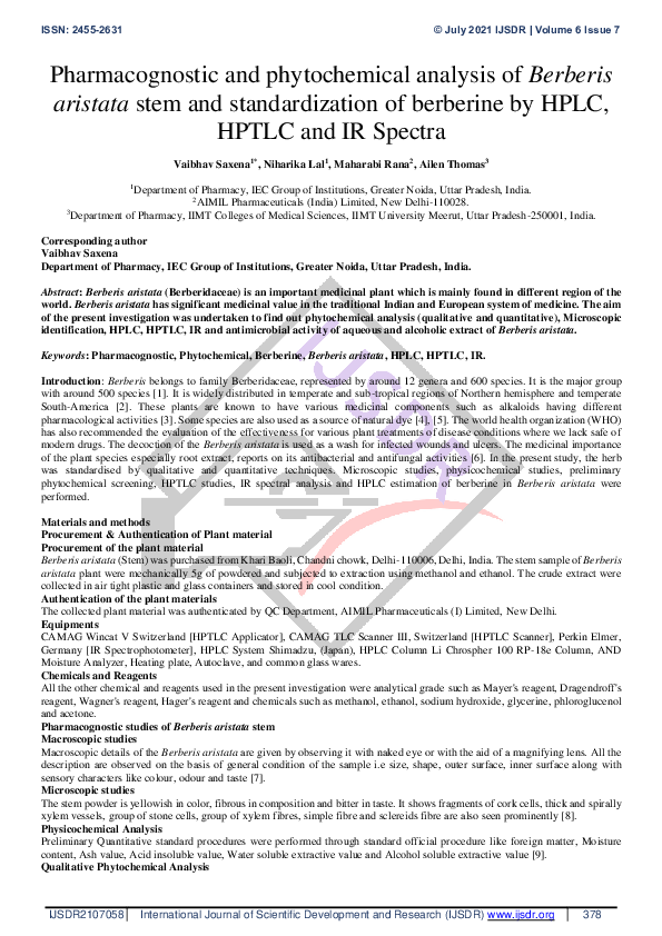 (PDF) Pharmacognostic and phytochemical analysis of Berberis aristata stem and standardization ...