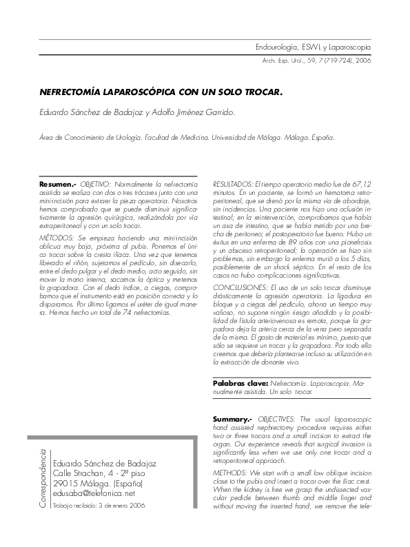(PDF) Nefrectomía laparoscópica con un solo trocar
