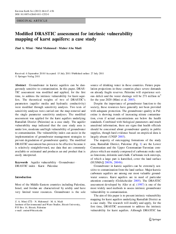 (PDF) Modified DRASTIC assessment for intrinsic vulnerability mapping of karst aquifers: a case ...
