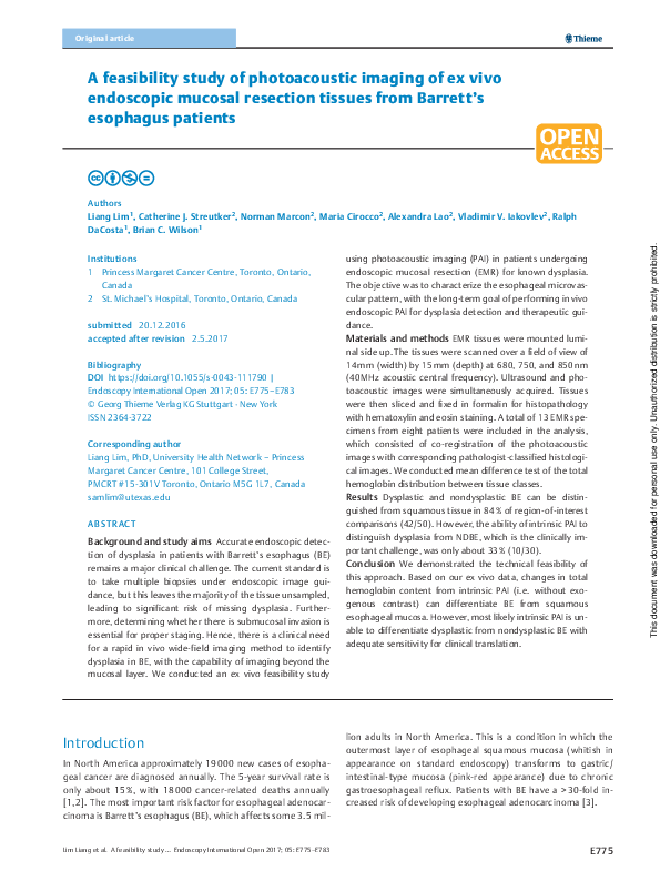 (PDF) Photoacoustic Imaging Feasibility in Barrett's Esophagus