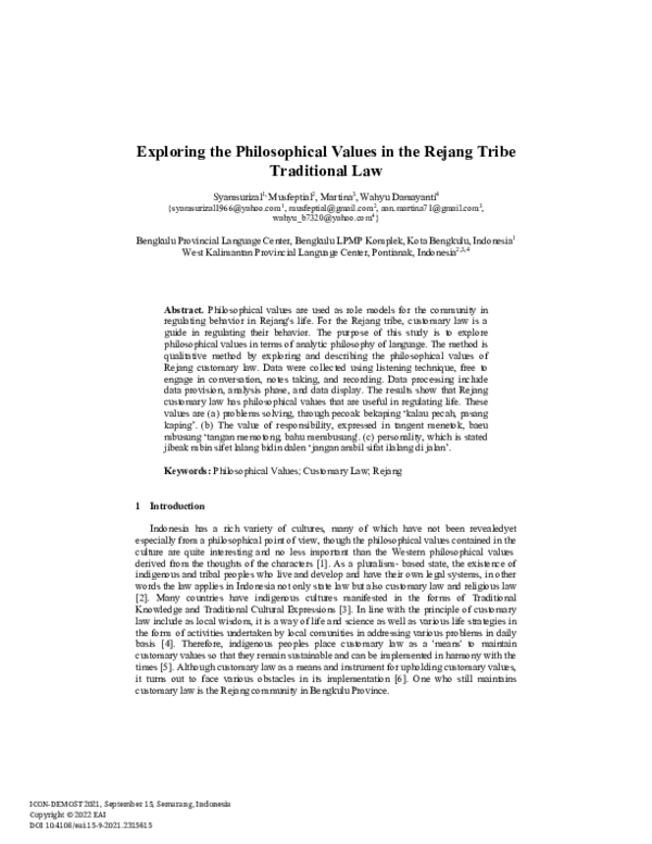 (PDF) Exploring the Philosophical Values in the Rejang Tribe Traditional Law