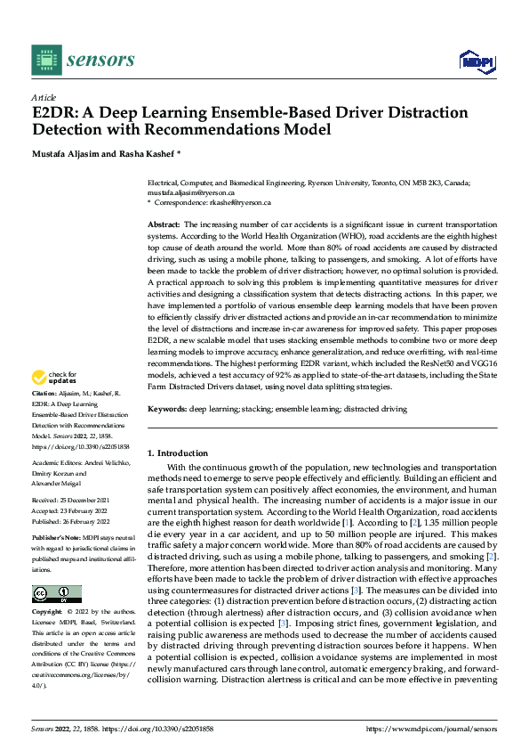 Pdf E2dr A Deep Learning Ensemble Based Driver Distraction Detection With Recommendations Model
