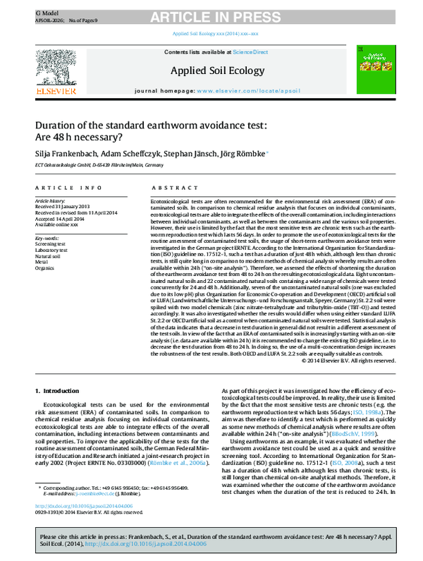(PDF) Duration of the standard earthworm avoidance test: Are 48h necessary?