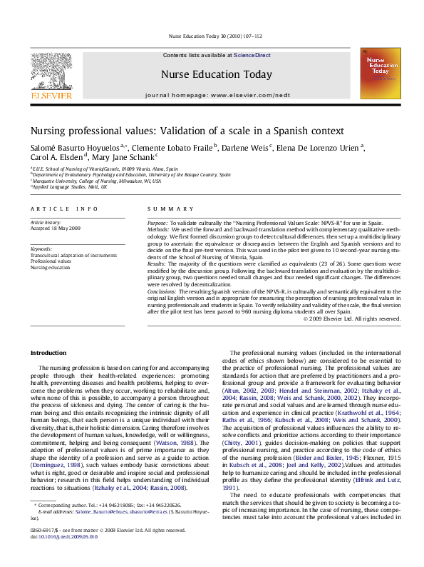 (PDF) Nursing professional values: Validation of a scale in a Spanish ...