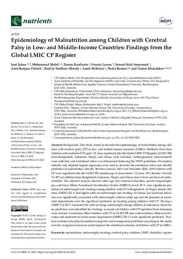 Epidemiology of Malnutrition among Children with Cerebral Palsy in Low ...