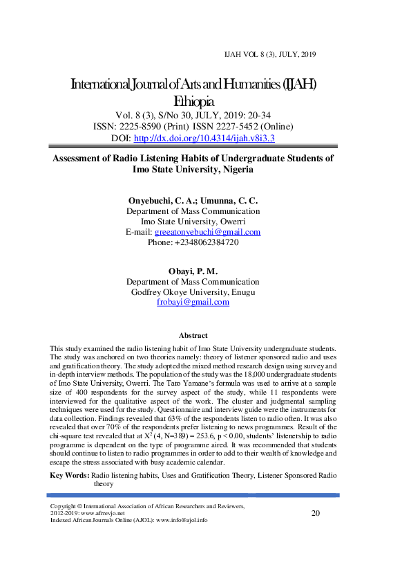 (PDF) Assessment of Radio Listening Habits of Undergraduate Students of ...
